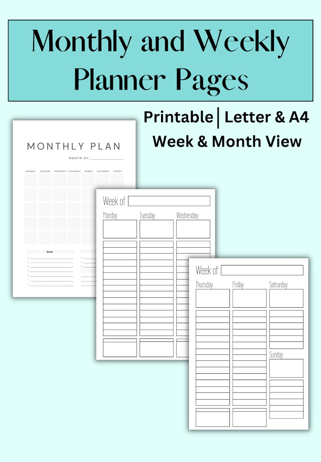 Monthly and Weekly Planning Pages, Digital Downloads, Month and Week ...