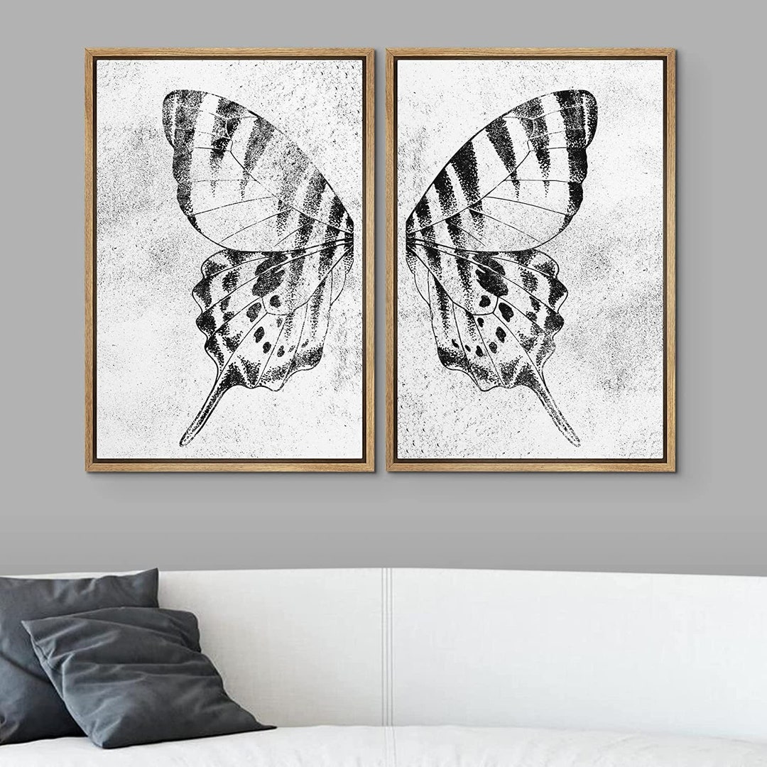 2 Piece Framed Canvas Wall Art Set, Butterfly Wall Art, Black and White ...