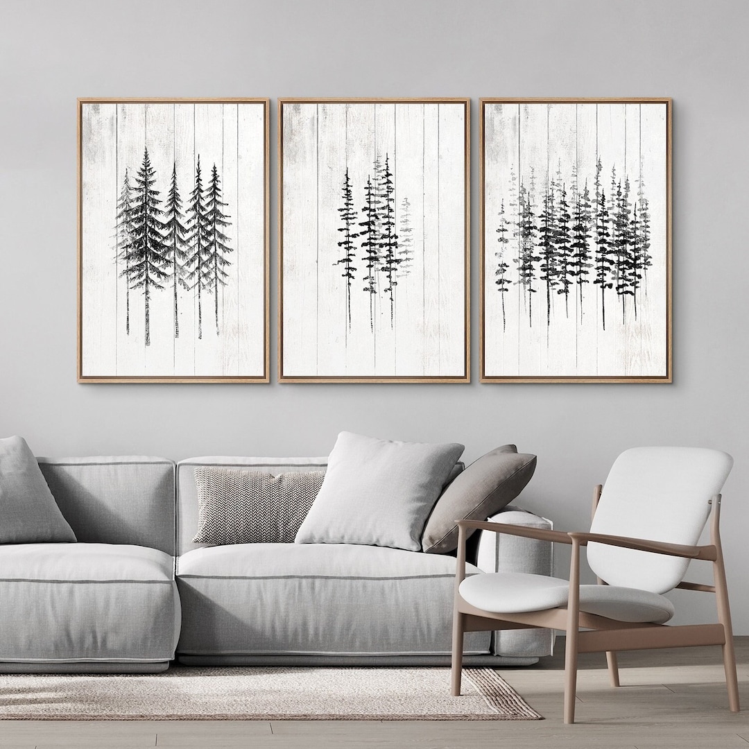3 Piece Framed Canvas Wall Art Set, Rustic Tree Forest Prints, Black ...