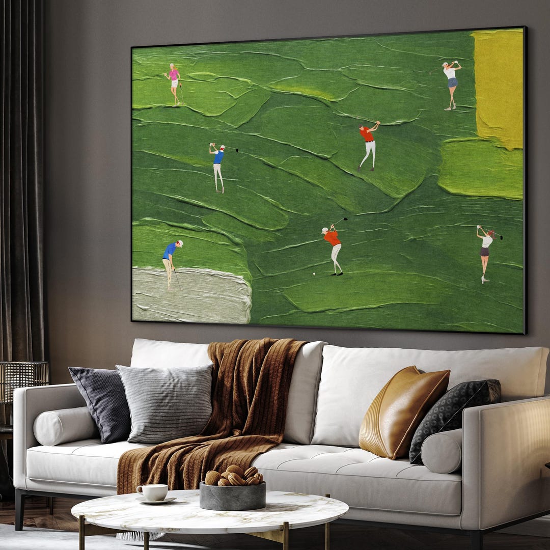 Extra Large Framed Golf Course Wall Art, Colorful Tiny Golfers ...