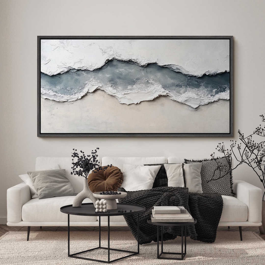 Large Abstract Ocean Wave Print, Framed Canvas Art, Neutral Abstract ...