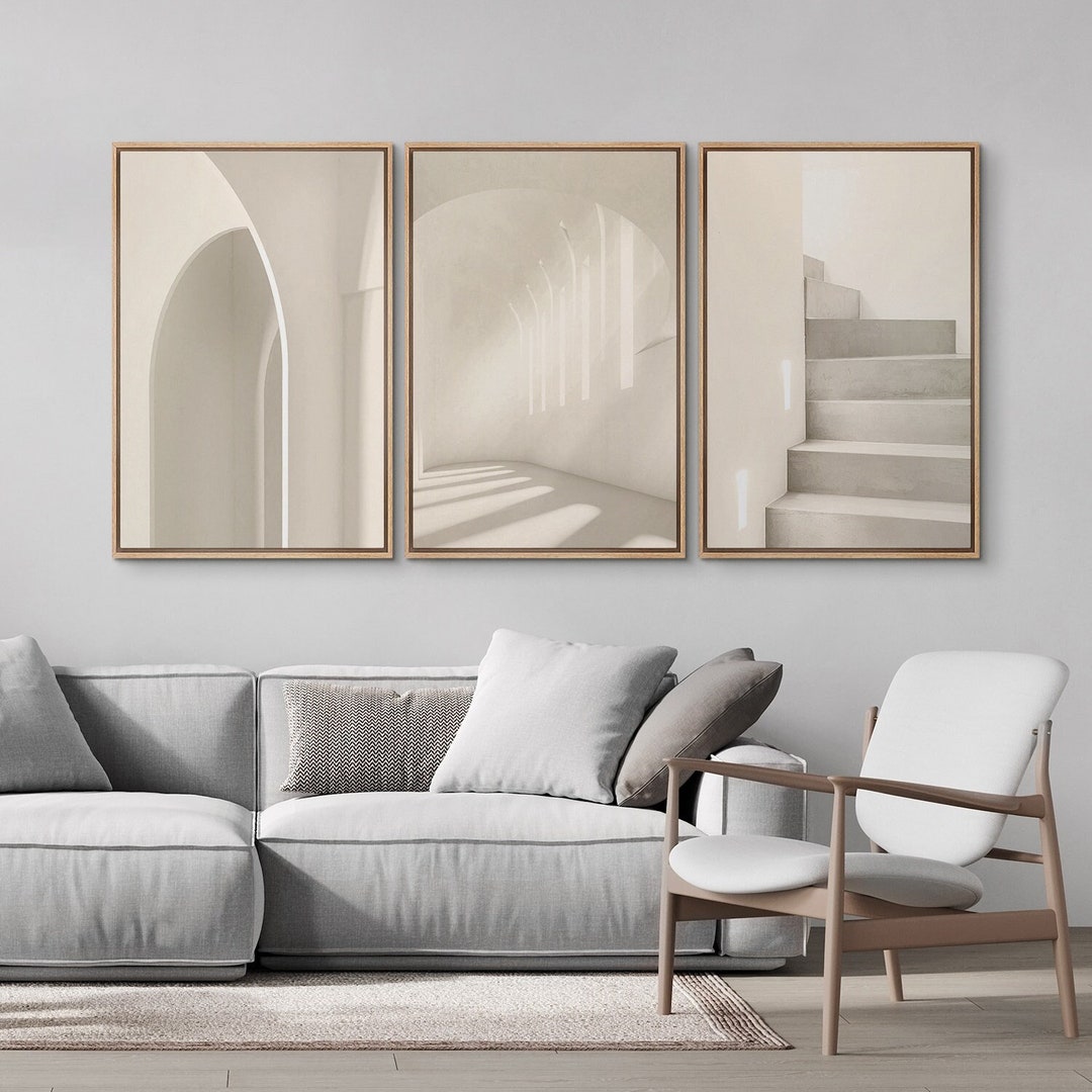 3 Piece Framed Canvas Wall Art Set, Beige Architecture Prints, Geometric Abstract Shapes Art ...