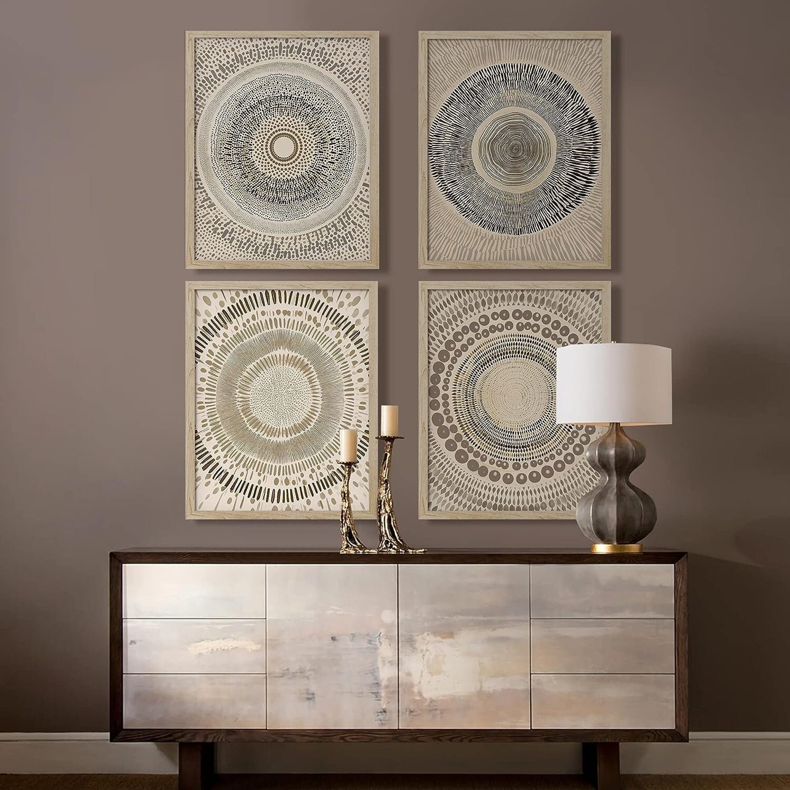 Set of 4 Framed Prints Wall Art Set, Abstract Wood Tree Ring Art Prints ...