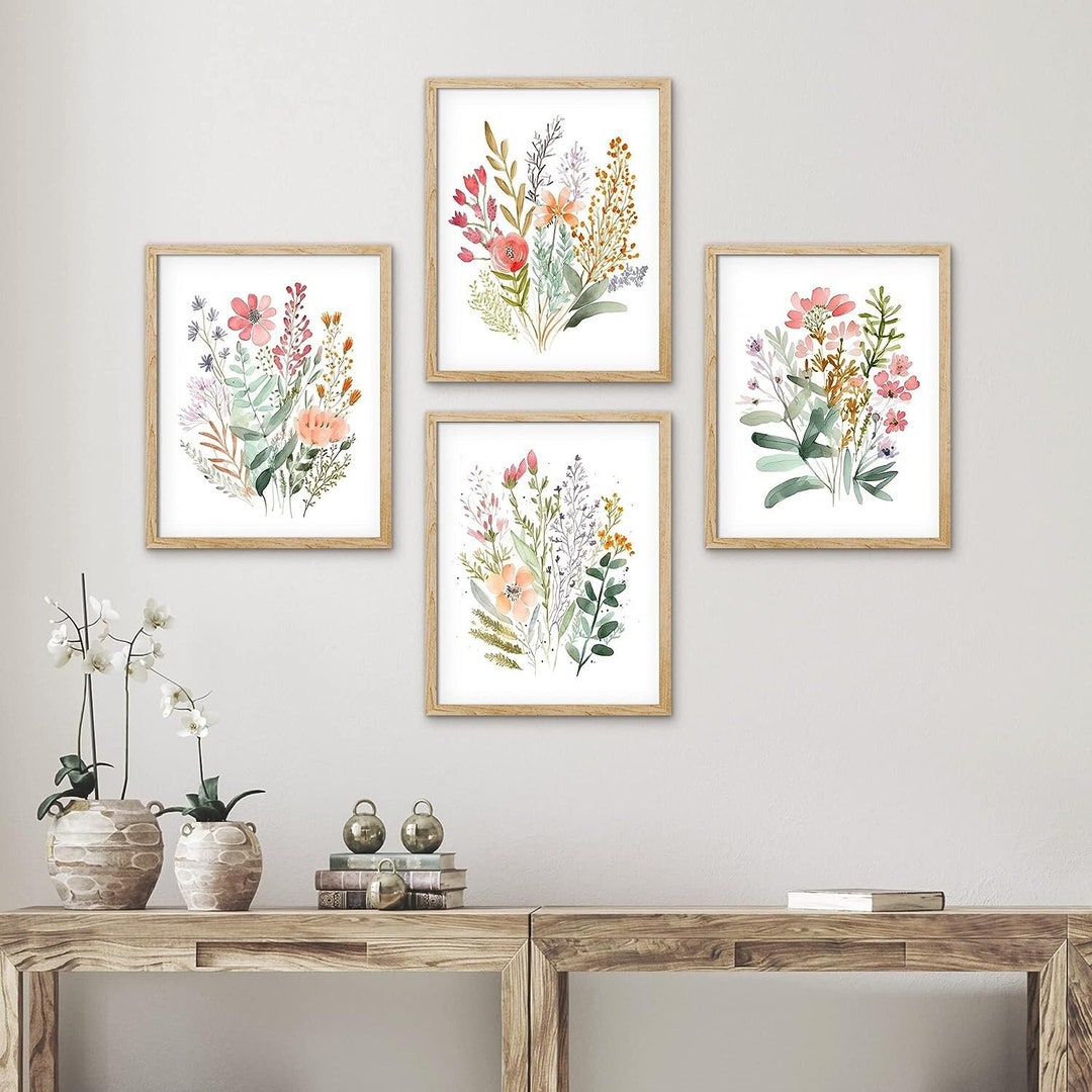 Set of 4 Framed Prints Wall Art Set, Watercolor Wildflower Art Print ...