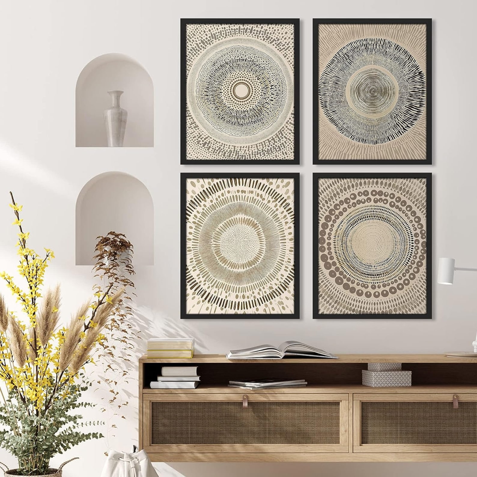 Set of 4 Framed Prints Wall Art Set, Abstract Wood Tree Ring Art Prints ...
