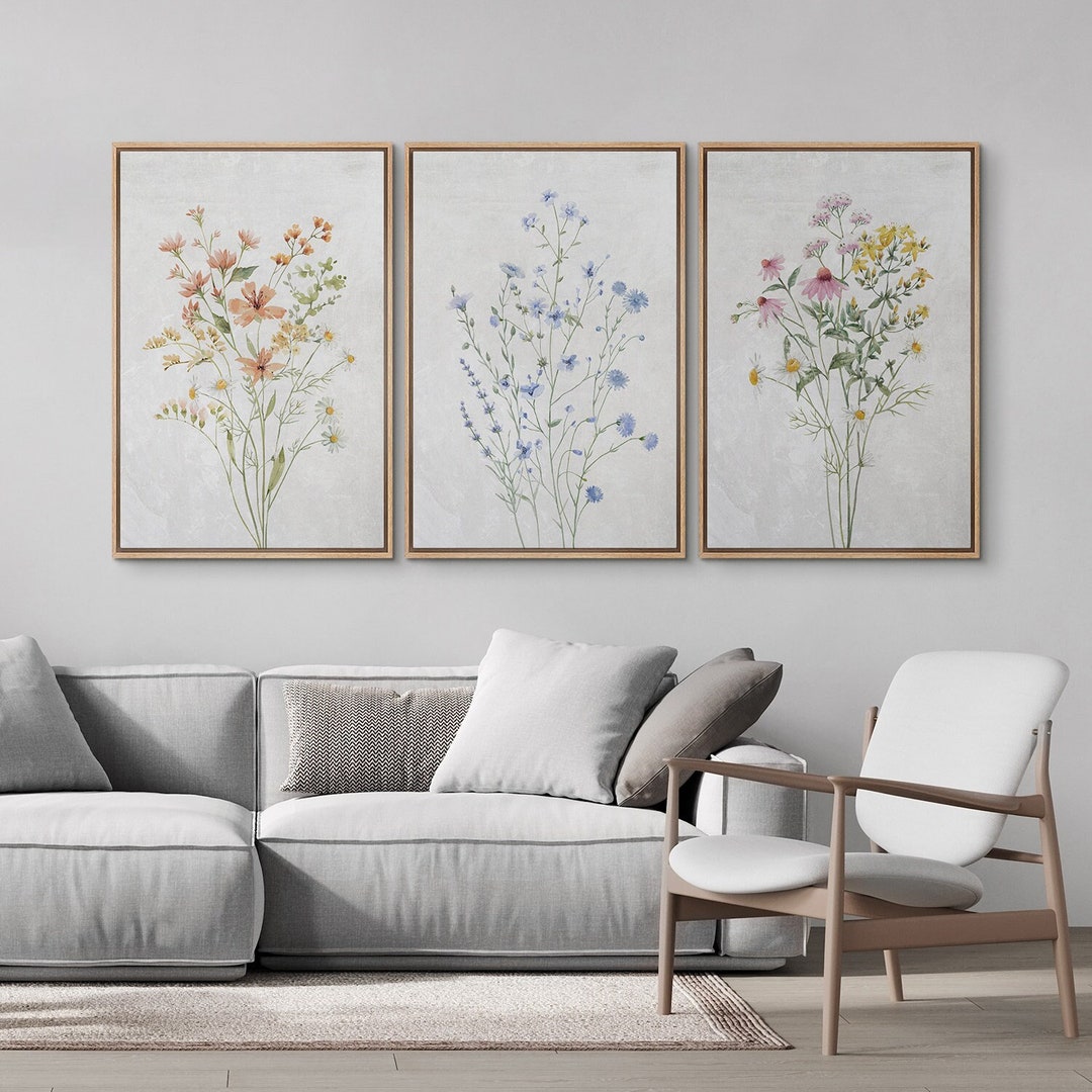 3 Pieces Framed Canvas Wall Art Prints Botanical Floral Bouquets Flower Art Print Minimalist ...