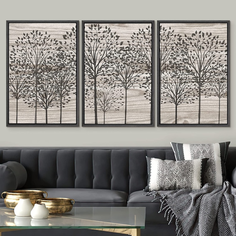 Framed Canvas Tryptic Wall Art Set, Abstract Forest Tree Art Prints ...