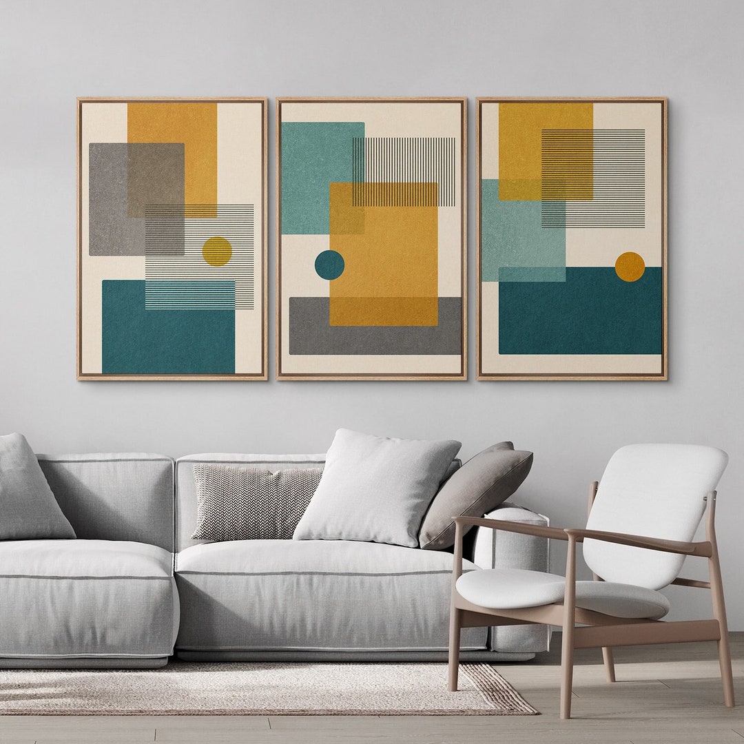 Framed Canvas Wall Art Set Sage Green and Yellow Geometric Color Blocks Abstract Prints Mid ...