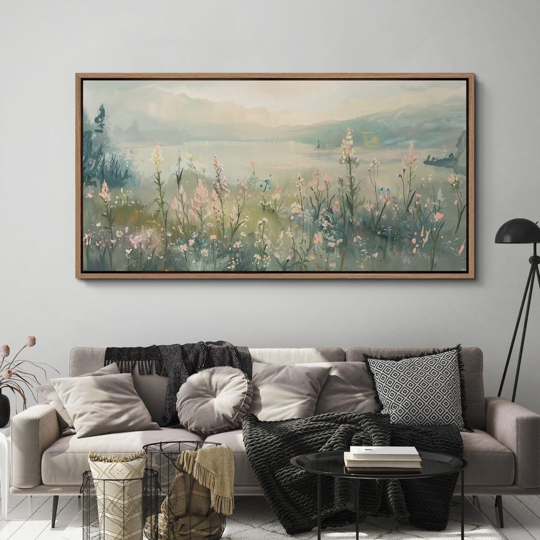 Large Wildflower Field Landscape Print, Framed Canvas Soft Pastel ...