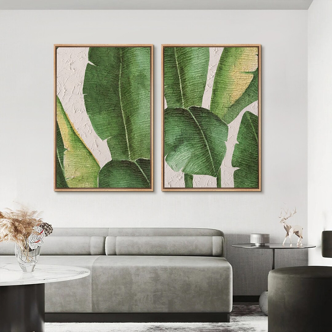 Framed Canvas Wall Art Set 2 Tropical Banana Leaf Prints Minimalist