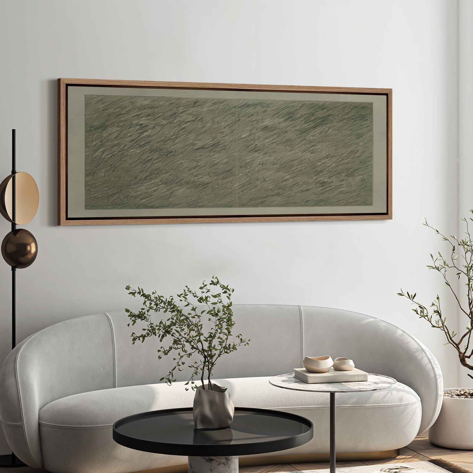 Abstract Scribble Line Wall Art - Large Framed Neutral Gray Green ...