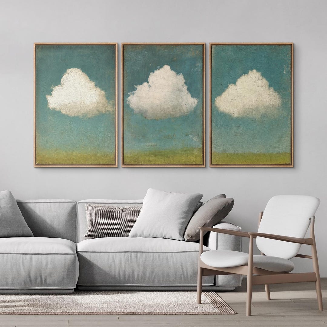 Framed Vintage Cloud Wall Art Set of 3, Minimal Cloudscape Canvas ...