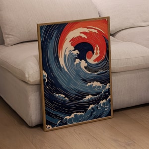 Sunset Riptide, Hokusai Inspired Woodblock Art Print, Japanese Vintage Poster Print for Home ...