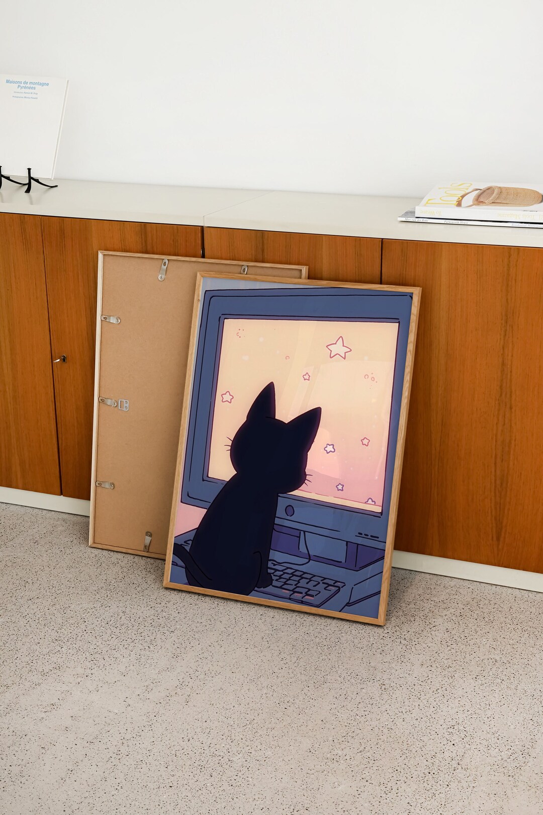 Computer Cat Vintage 90s Anime Art Print, Kitty Watching Stars, Retro ...