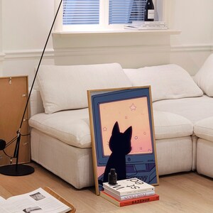 Computer Cat Vintage 90s Anime Art Print, Kitty Watching Stars, Retro ...