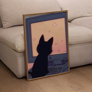 Computer Cat Vintage 90s Anime Art Print, Kitty Watching Stars, Retro ...