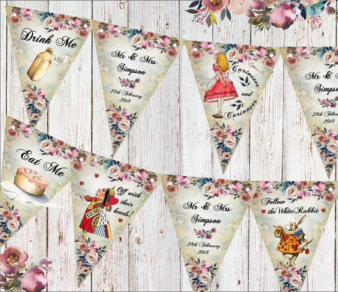 Personalised Alice in Wonderland Peony Floral Bunting/banner for Any ...
