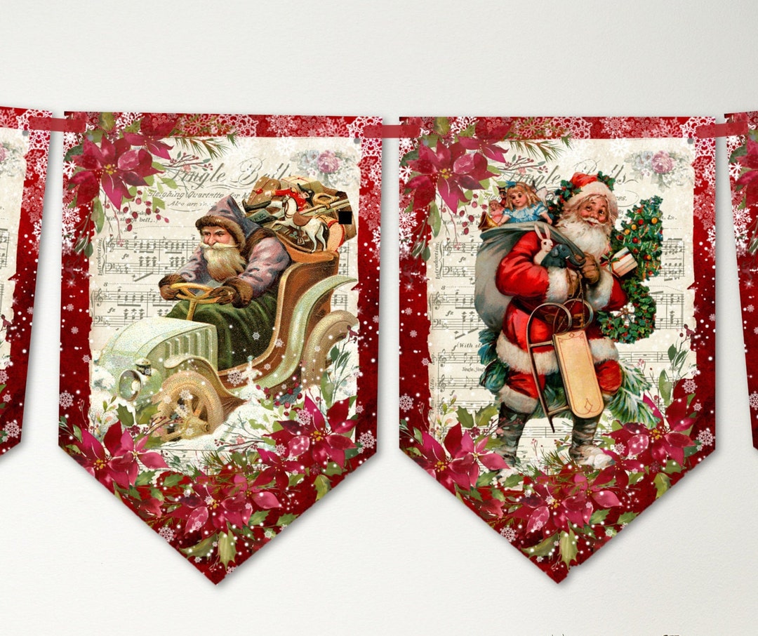 Christmas Bunting Holidays Vintage Victorian Santa Banner Bunting ...