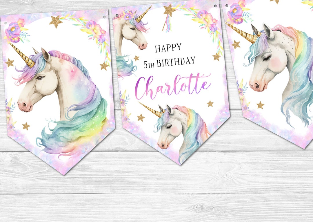 Rainbow Unicorn Bunting & Ribbon, Girl's Personalised Party Bunting ...