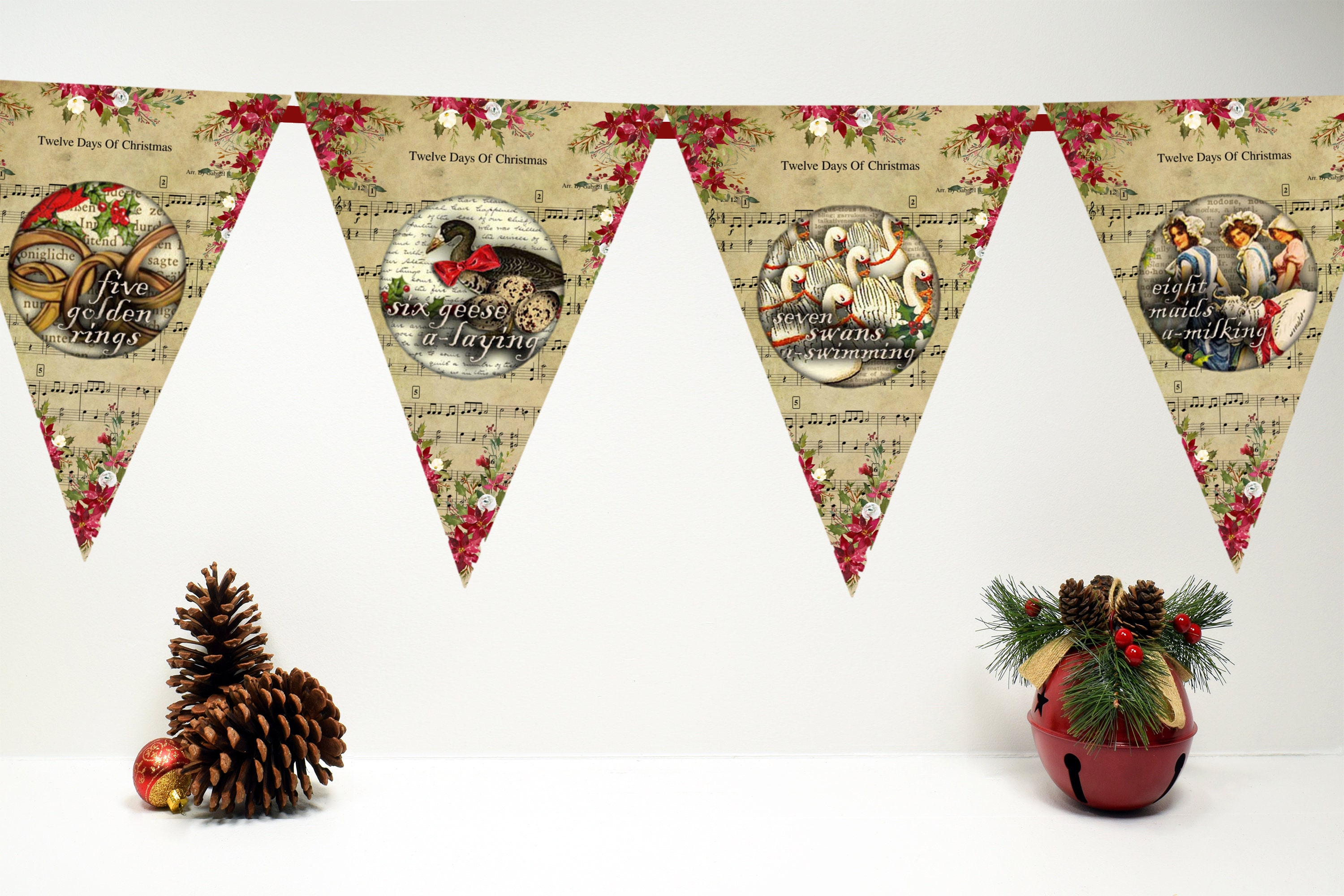 12 Days of Christmas Traditional Vintage Style Bunting & Ribbon - 3m ...