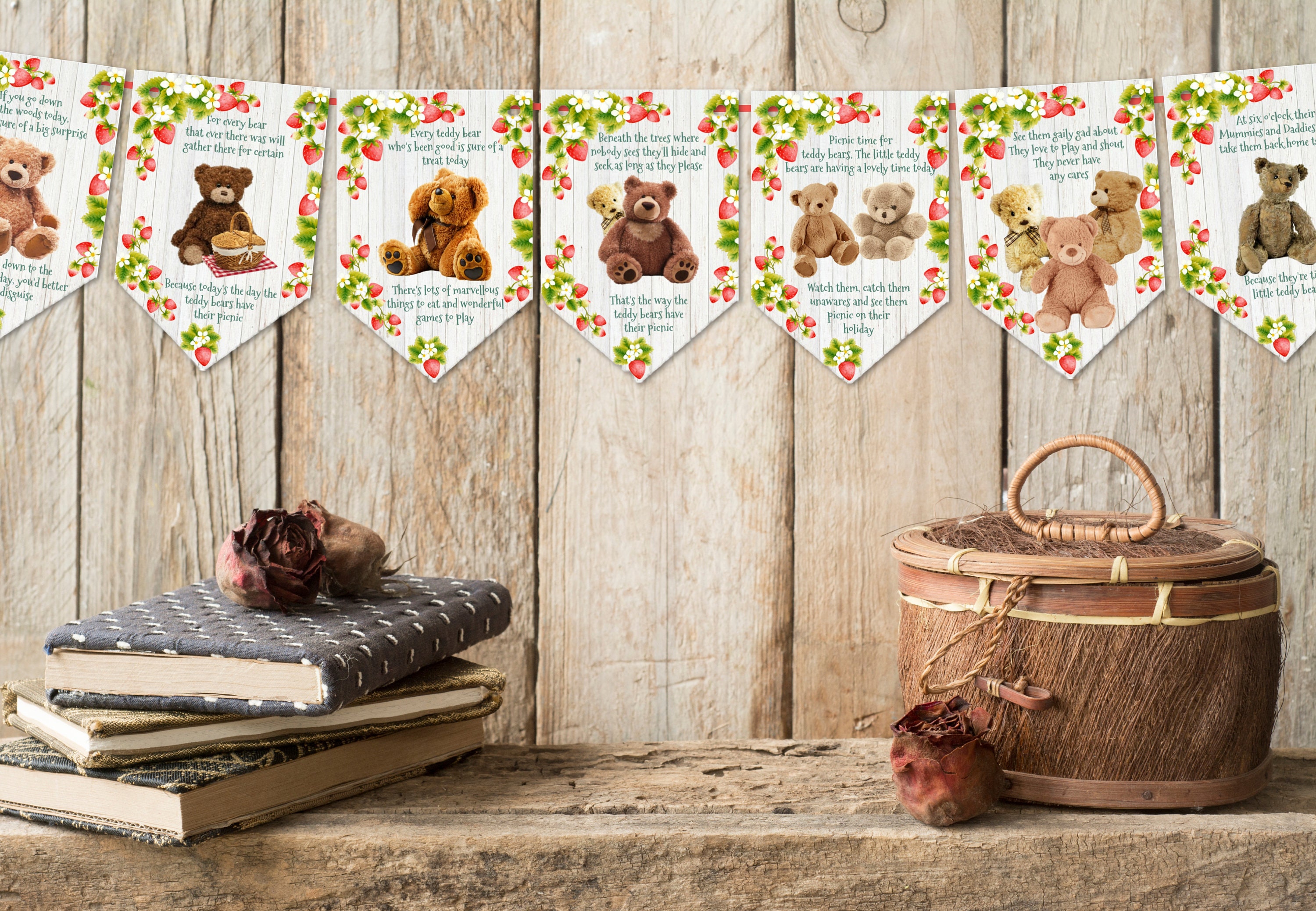 Teddy Bears Picnic Strawberry Teddy Bear Bunting/banner & Ribbon - Etsy
