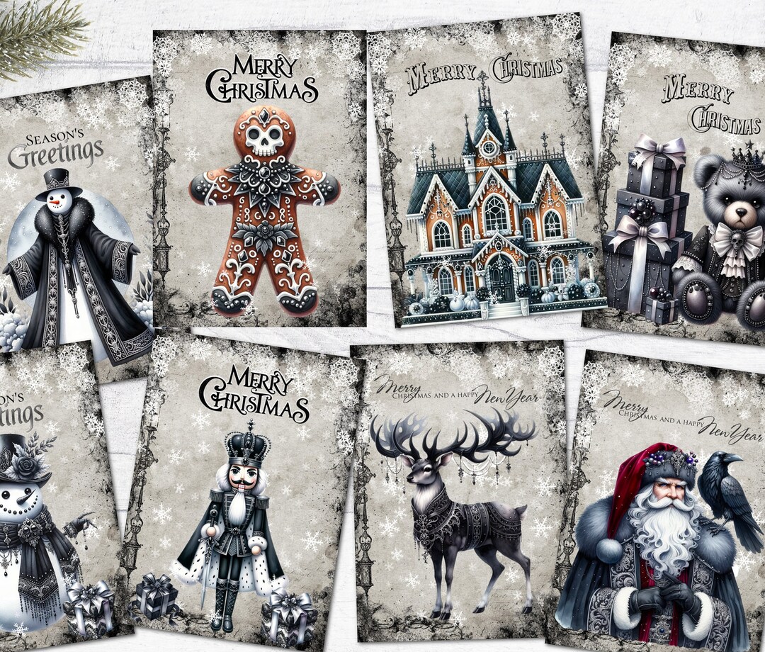 8 Christmas Gothic Style ATC Tags/toppers Black & Grey Card Making Card ...