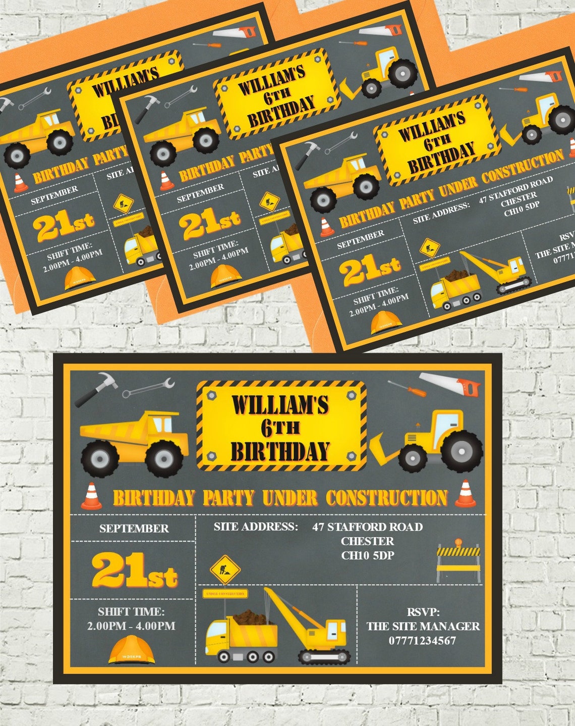 6 Personalised Construction Building Site Party Invitations & Orange ...