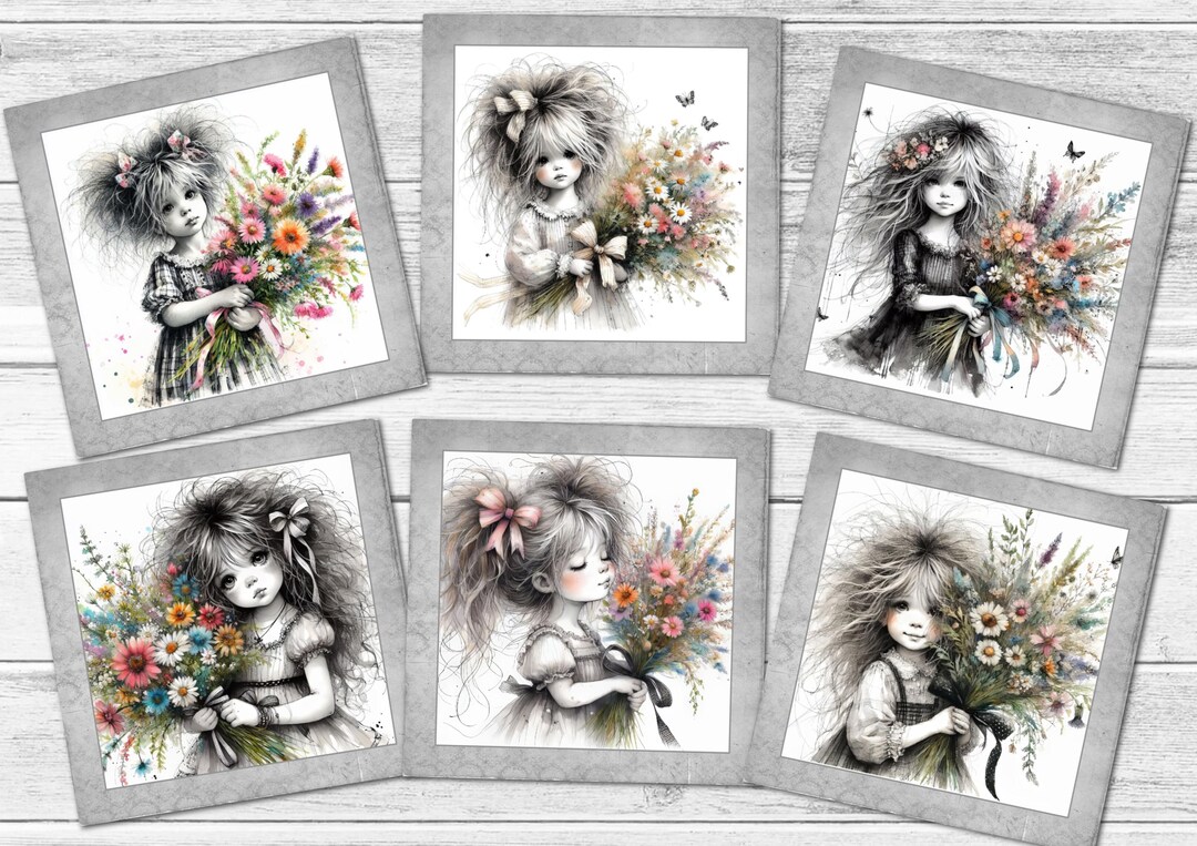 Girls With Wildflower Bouquets Card Toppers Card Making Decoration - 3. ...