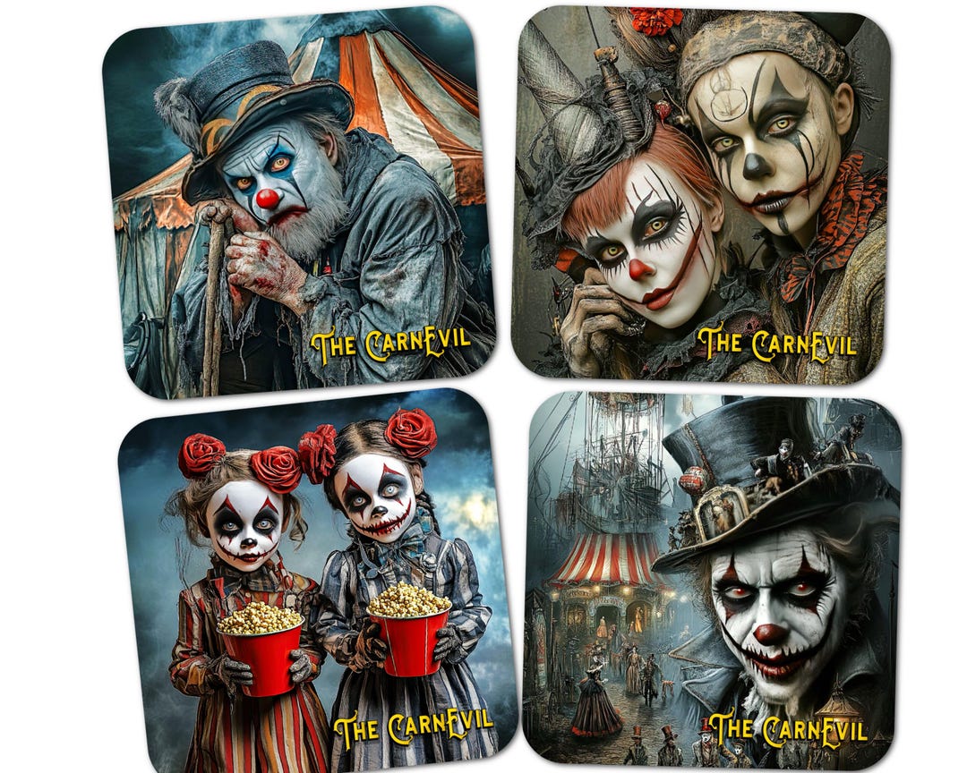 Horror Carnevil Coaster Set - 4 Circus Clowns Glossy Drinks Tea Coffee ...