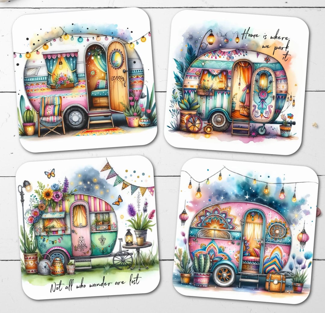 Boho Caravan Coaster Set - 4 Glossy Drinks Tea Coffee Coasters - Gift ...