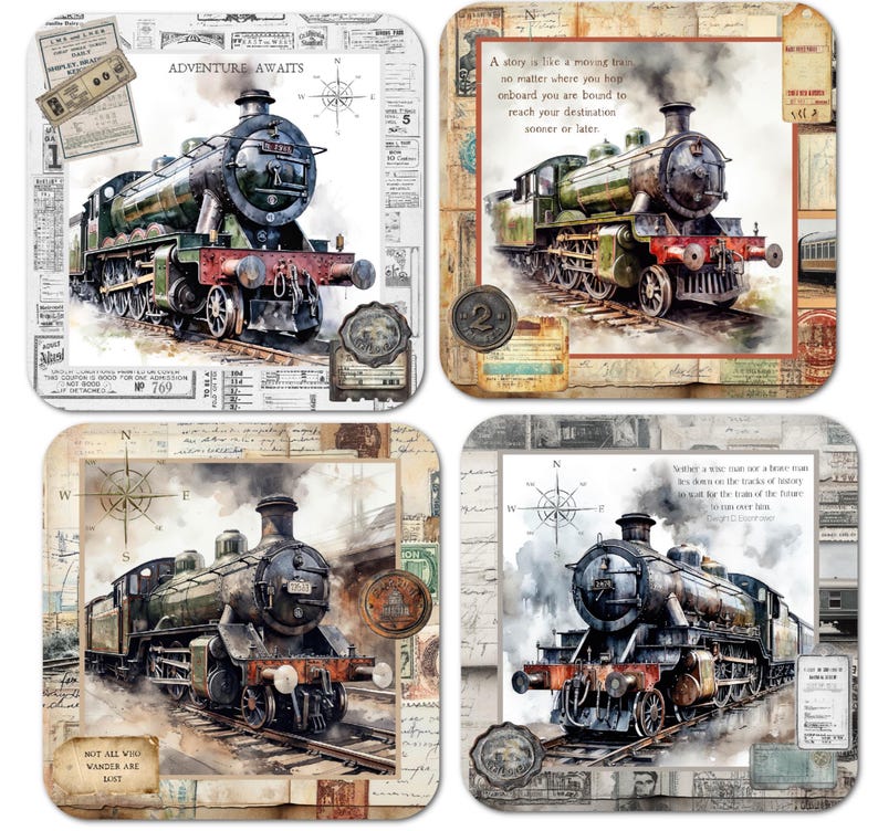 Steam Trains Oaster Set - 4 Vintage Style Glossy Drinks Tea Coffee ...