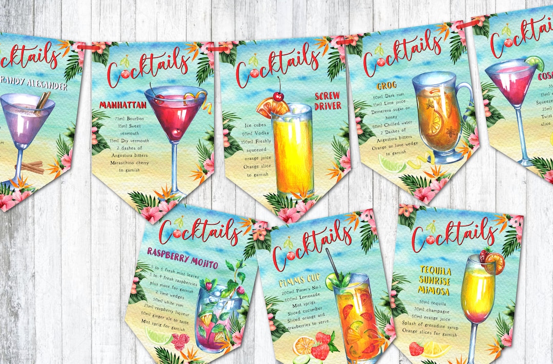 Tropical Tiki Cocktail Bar Recipes Party Celebration Bunting & Ribbon ...