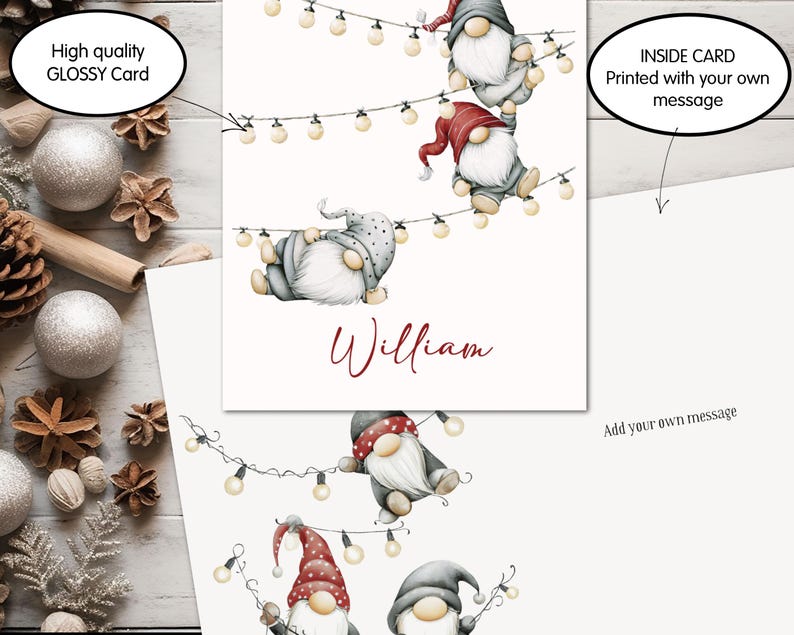 Personalised Gnomes With Lights Glossy Christmas Greetings Card ...