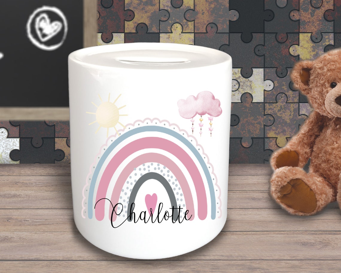Personalised Baby's First Money Box Boho Rainbow Ceramic Savings Pot ...