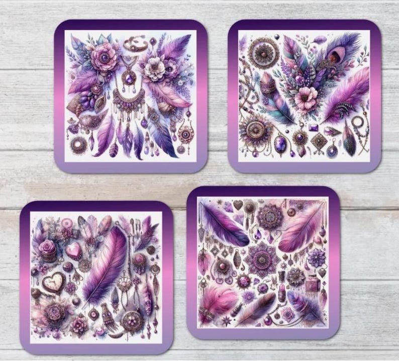 Purple Boho Jewellery and Feathers Glossy Drinks Tea Coffee Coasters ...