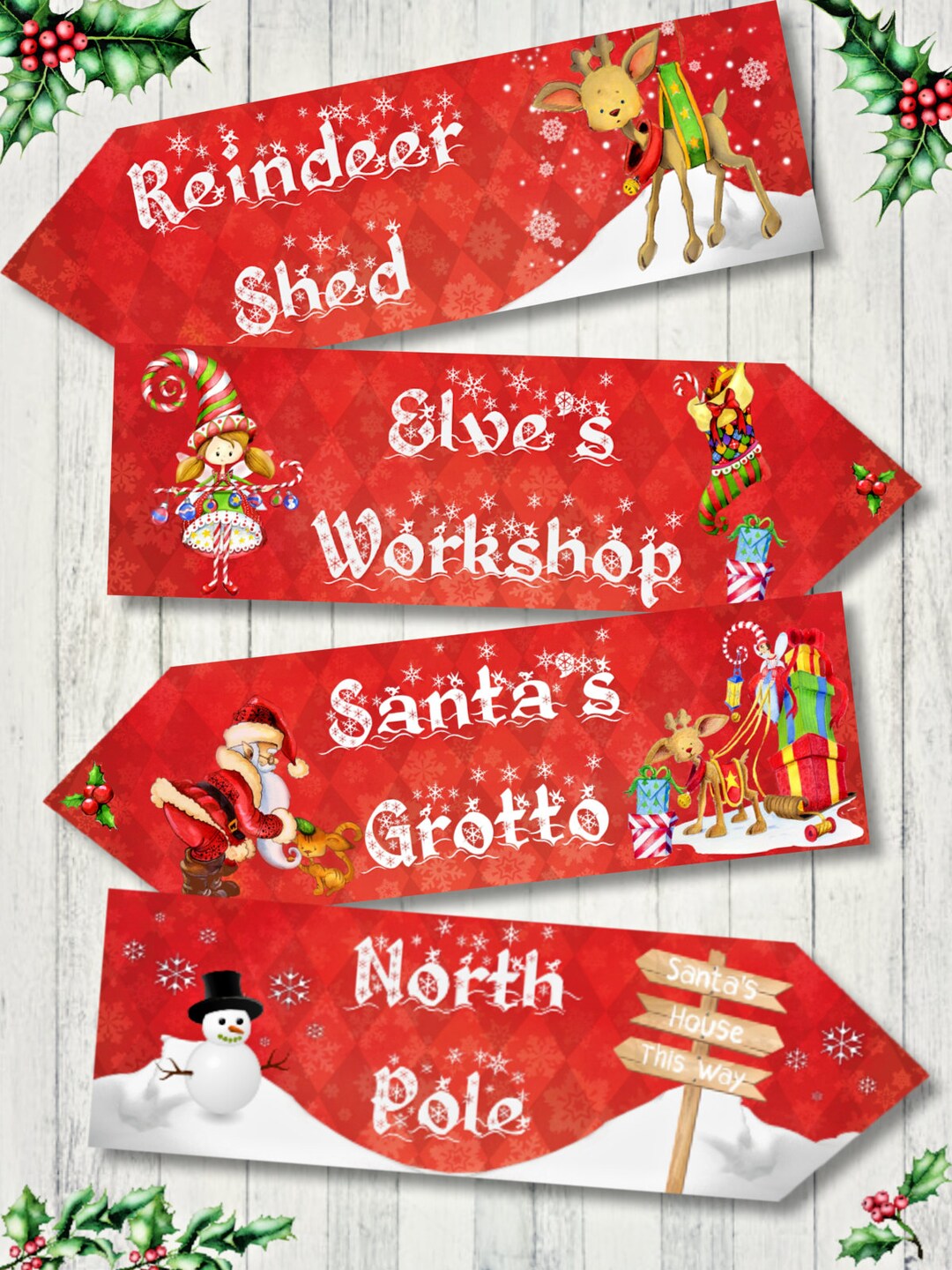 Set of 4 Christmas Holidays Red Santa & Rudolph Snowy Arrows Signs - Etsy