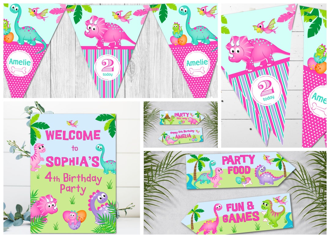 Pink Dinosaur Jungle Party Decorations - Bunting, Arrows & Sign - Etsy