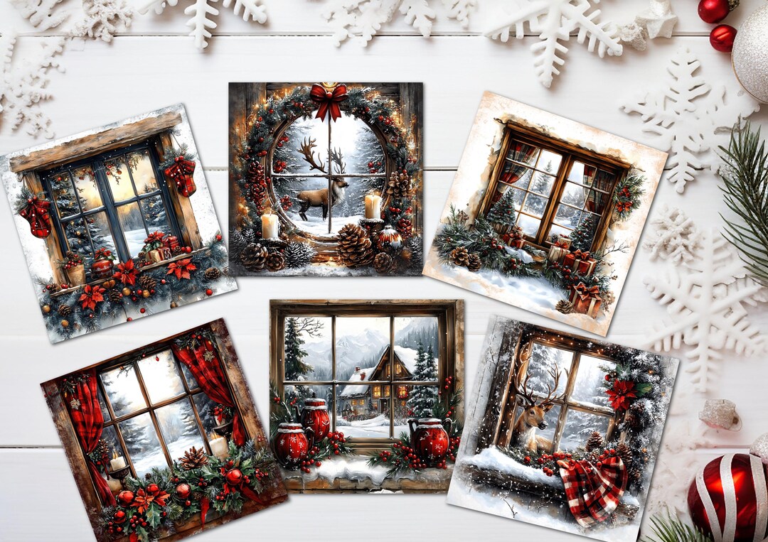 6 Rustic Red Christmas Window Card Toppers Card Making Decorations, 3. ...