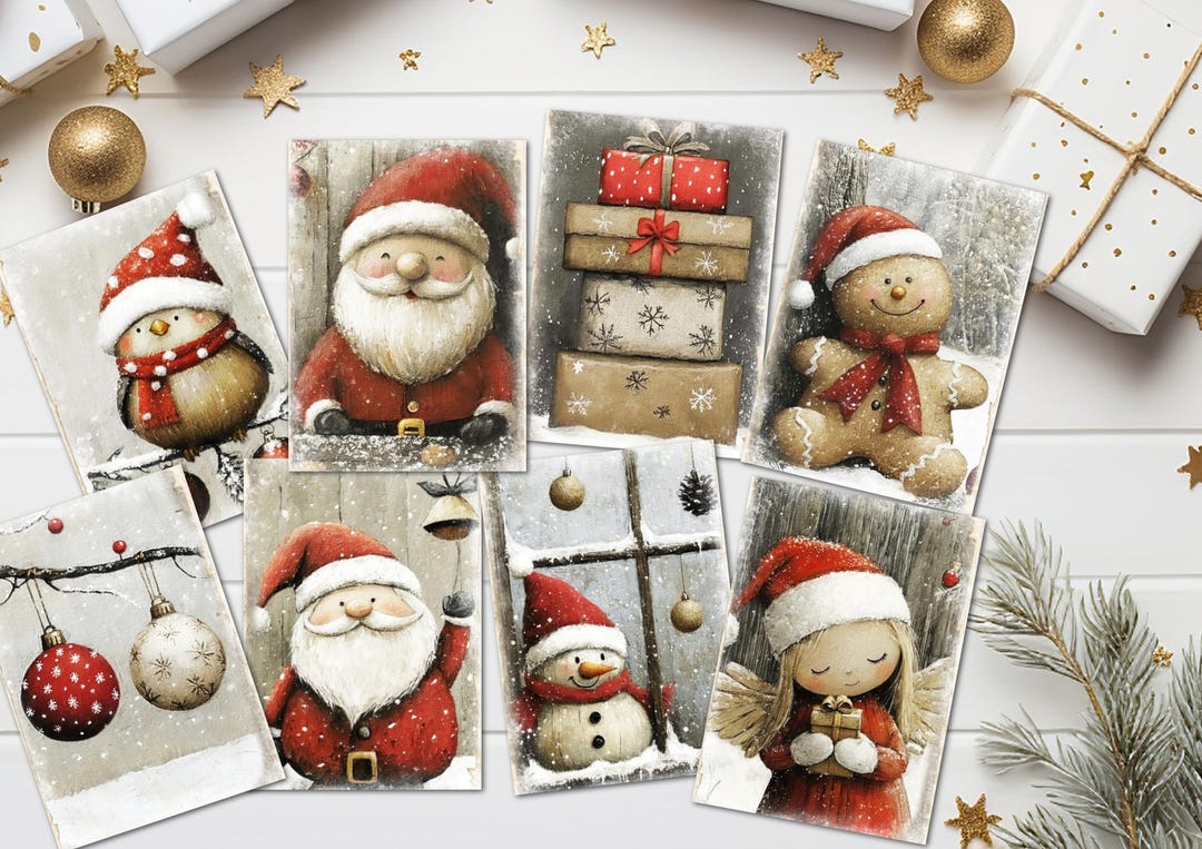8 Primitive Style Santa Christmas Card Toppers/tags Card Making ...