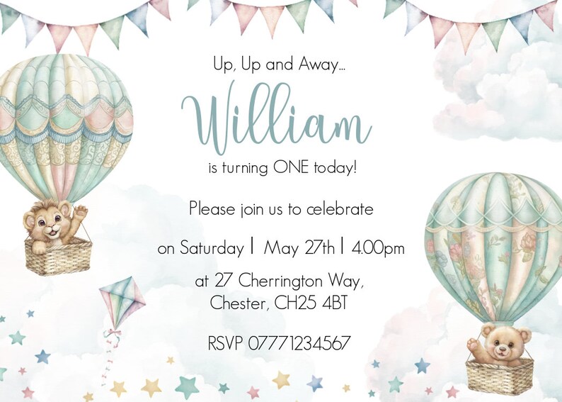 Hot Air Balloon Personalised Invitations & White Envelopes - Boy or ...