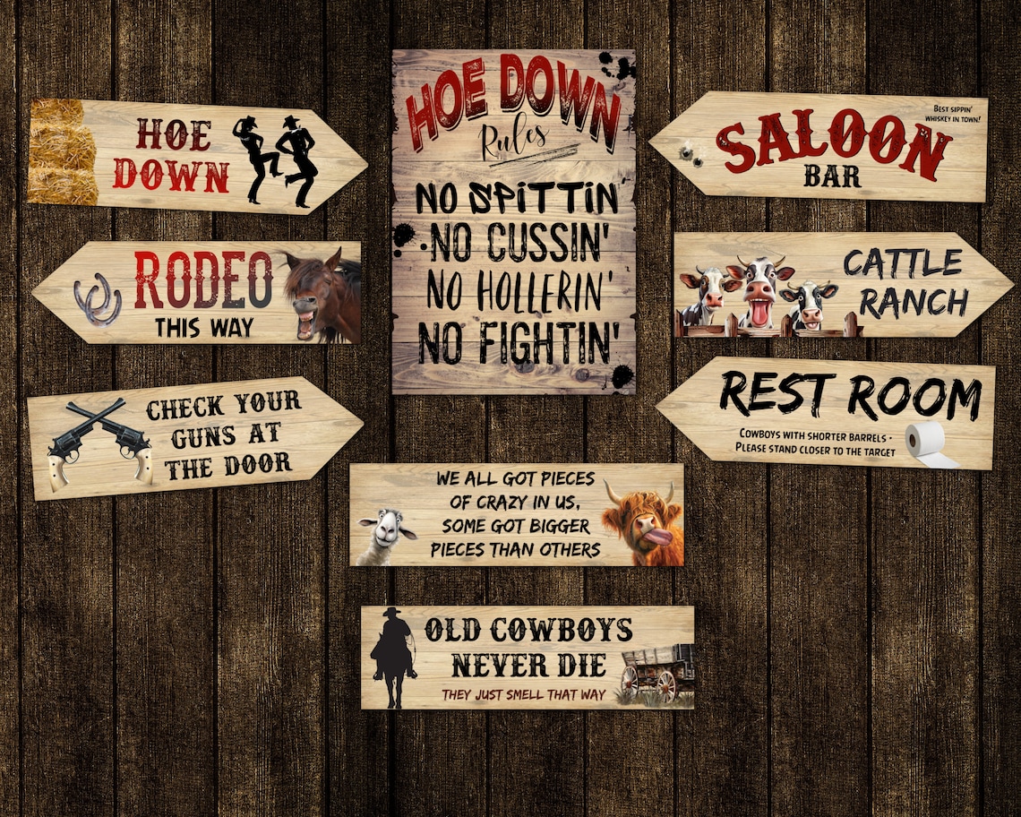 Country & Western Cowboy Hoe Down Barn Dance Party Signs and 6 Arrows ...