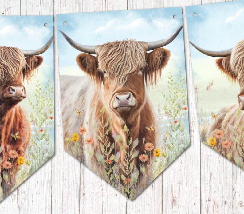 Highland Cow Bunting Floral Summer Meadow Party Banner Room Decoration ...