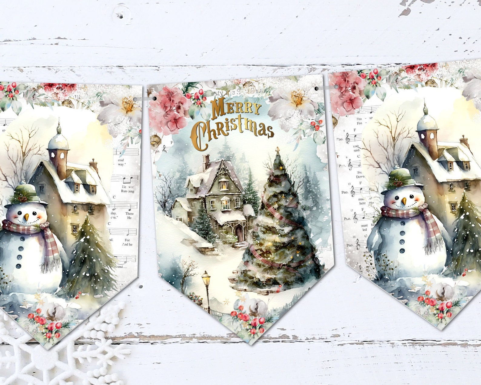 Christmas Bunting Holidays Vintage Style Snowman Winter Scene Bunting ...
