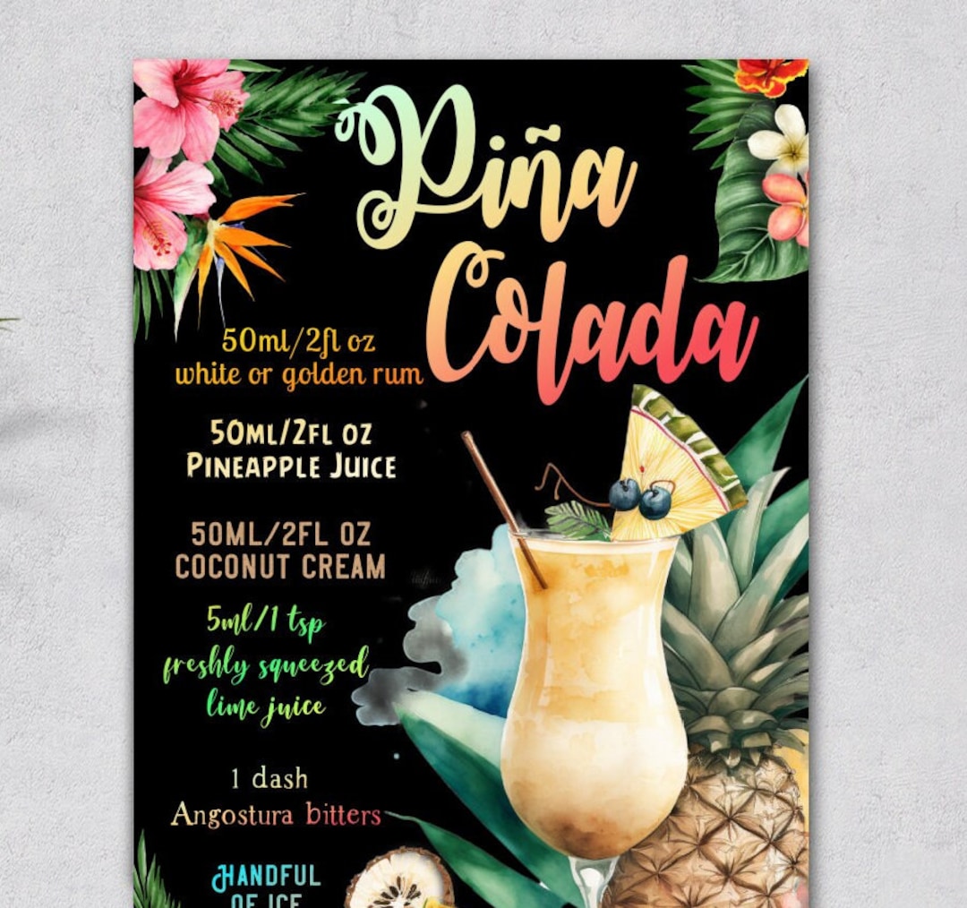 Cocktail Recipe 'piña Colada' Bar Sign Kitchen Tiki Bar - Choose Size ...