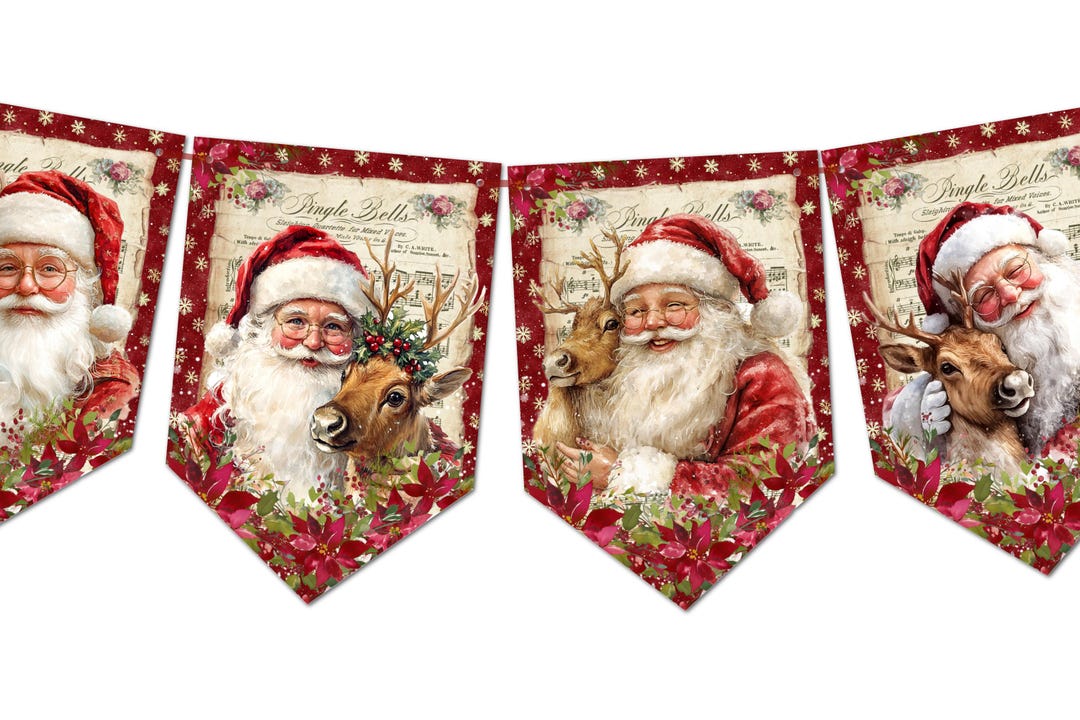 Traditional Style Santa & Reindeer Christmas Bunting Banner Bunting ...