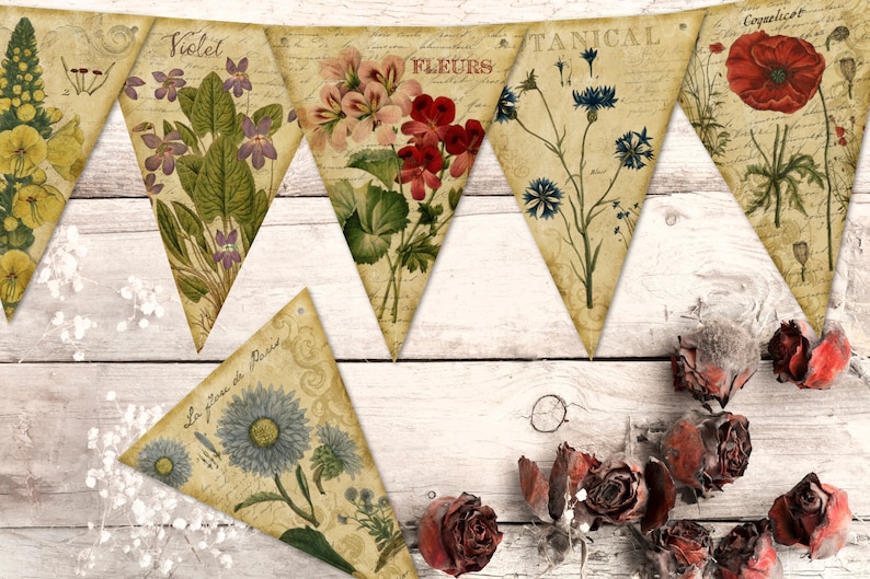 Vintage Style Summer Floral Botanical Bunting/banner With Organza ...