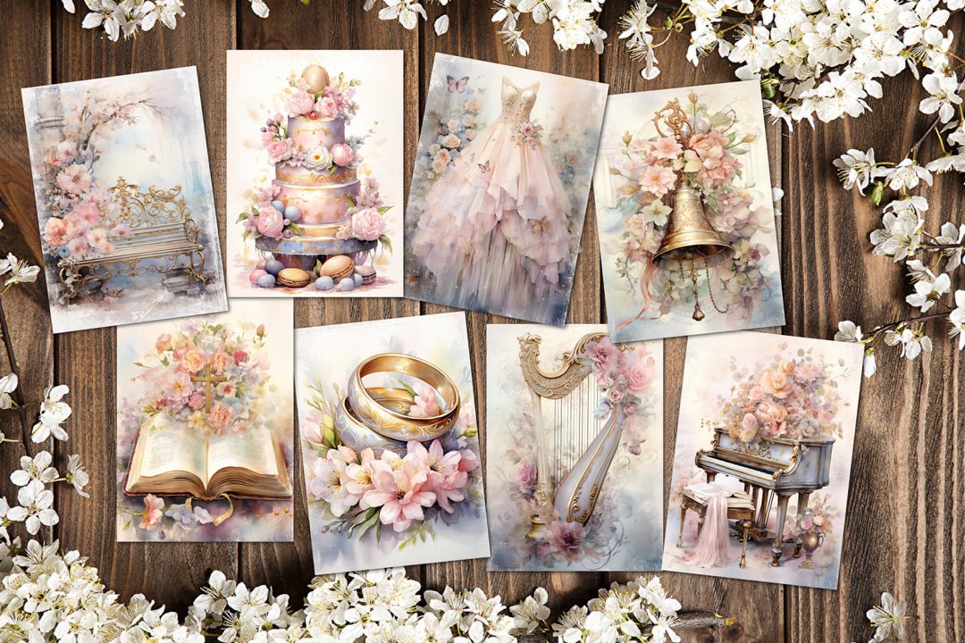8 Shabby Chic Floral Wedding Themed Card Toppers Scrap Book Journal ...