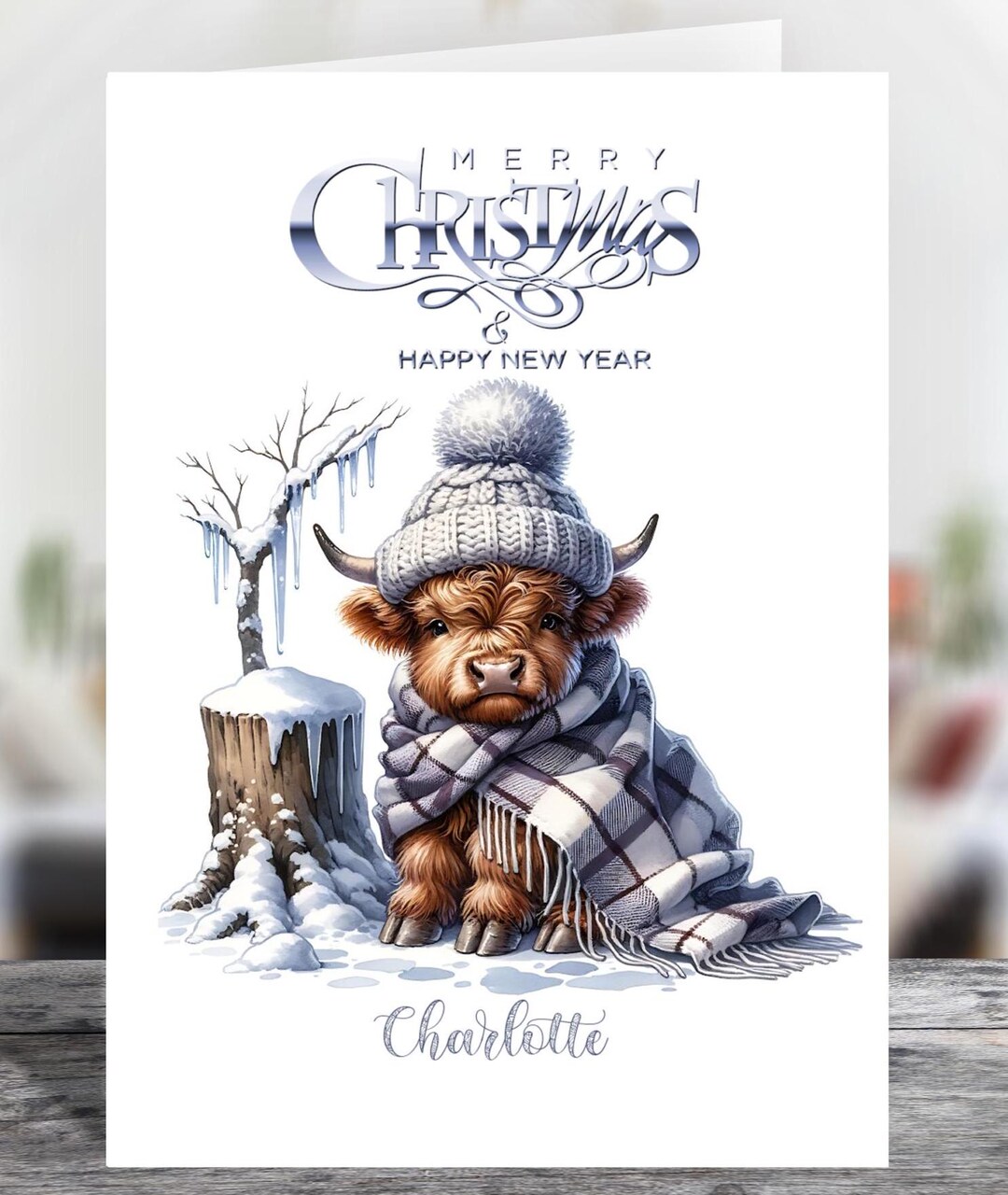 Personalised Highland Cow in Knitwear Christmas Greetings Card - Choose ...