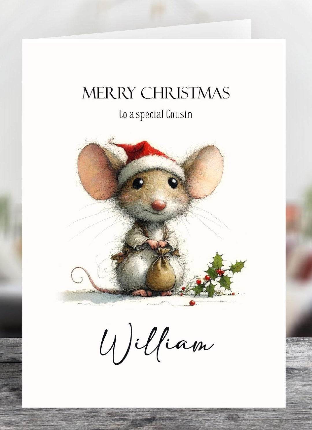 Personalised Cute Scruffy Mouse Glossy Novelty Christmas Greetings Card ...