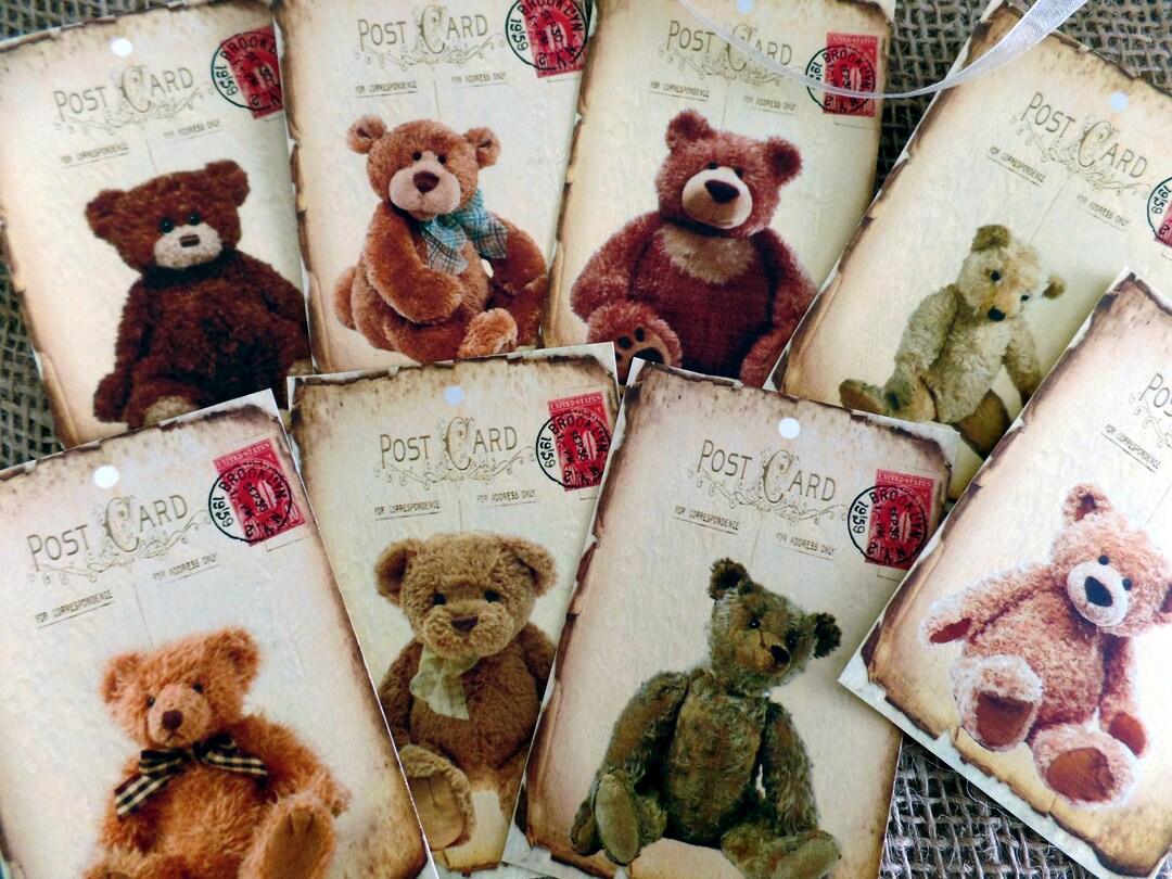 Set of 8 Vintage Style Tattered Postcard Teddy Bear Gift Tags & String ...